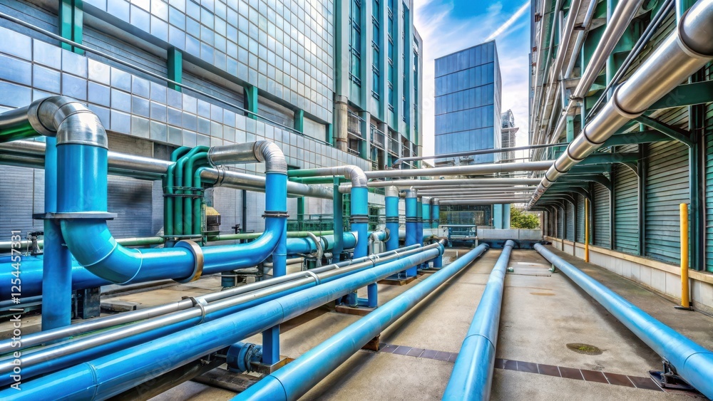 Low-level horizontal pipe conveying chilled water to multiple buildings ...