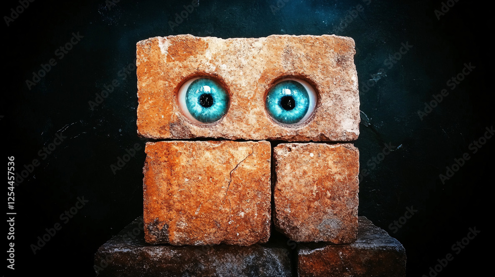 surreal arrangement of bricks with large, expressive eyes, creating ...