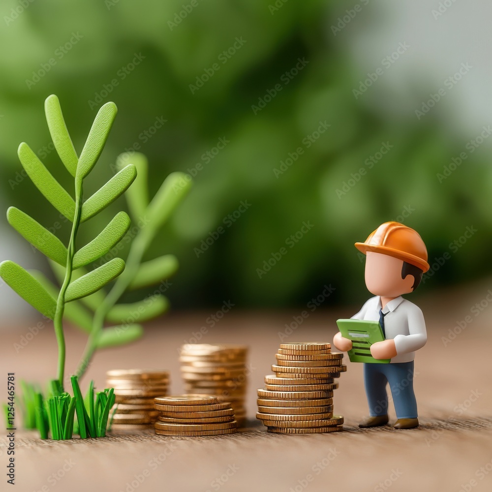 successful investor growth mindset concept. A figurine in a hard hat ...