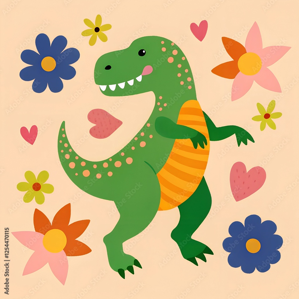 Cute dancing green dinosaur, children's illustration, flat cartoon ...