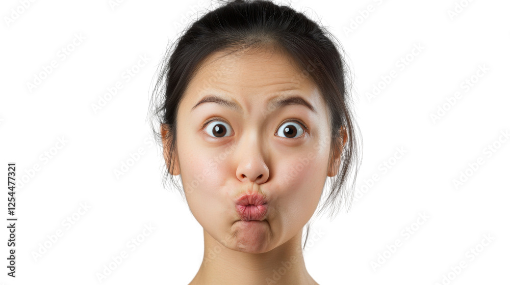 Young woman making funny face with inflated cheeks and wide eyes on ...