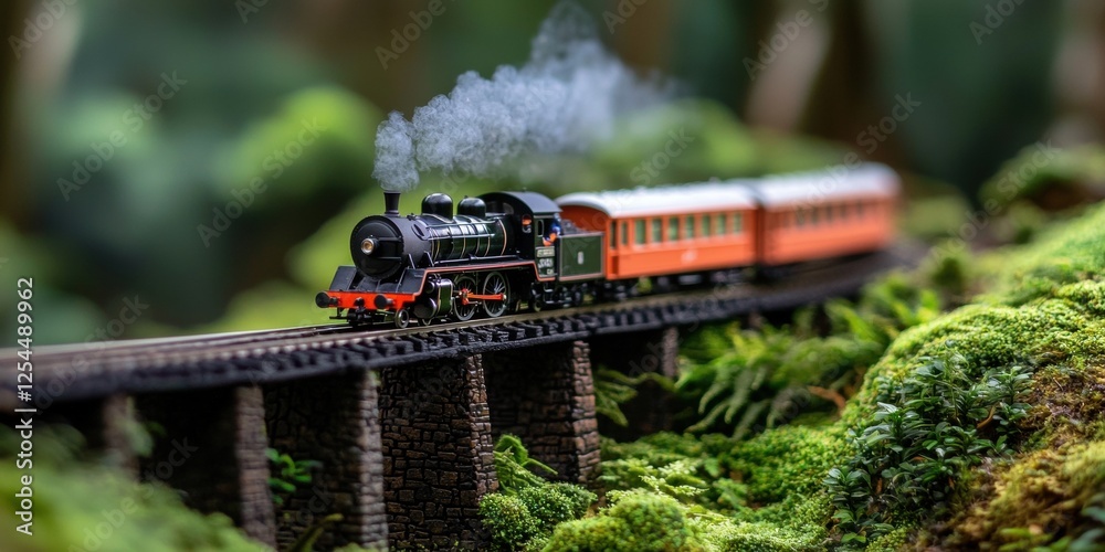 A miniature steam train crosses a moss-covered bridge, surrounded by ...