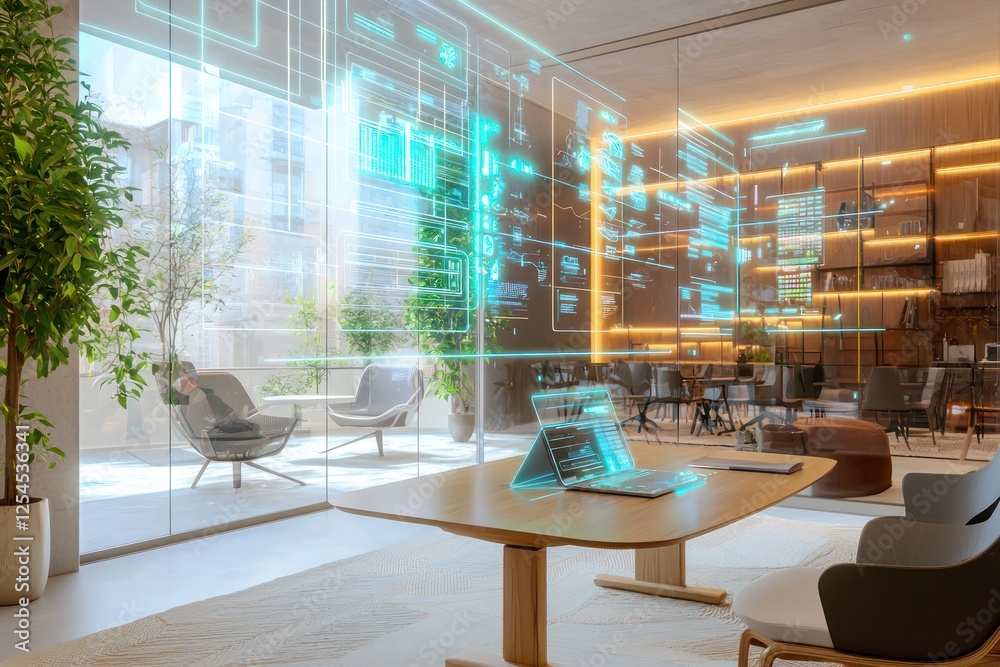Relaxing coworking hub with holographic displays for AI-crafted design ...
