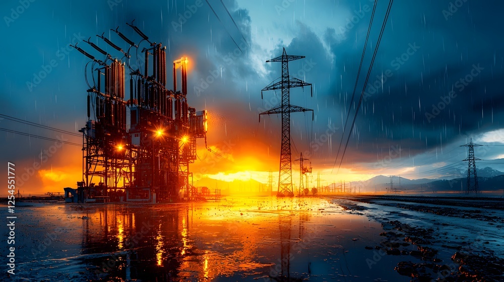 Flooded electrical substation engulfed in dramatic sunset storm leading ...