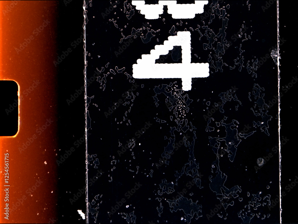 Super 8 film leader showing frame number four, close-up macro shot ...