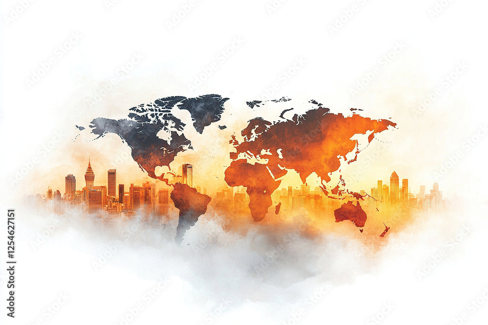 world map with city skyline in background, blending into warm and cool ...