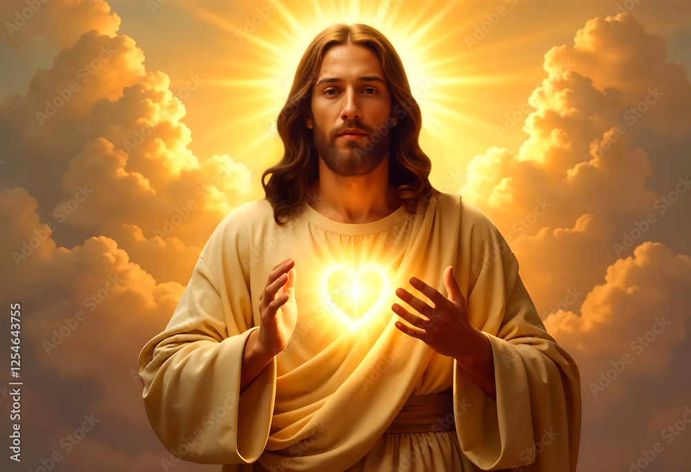 Realistic Digital Painting Of Jesus Christ With Sacred Heart, Radiating ...
