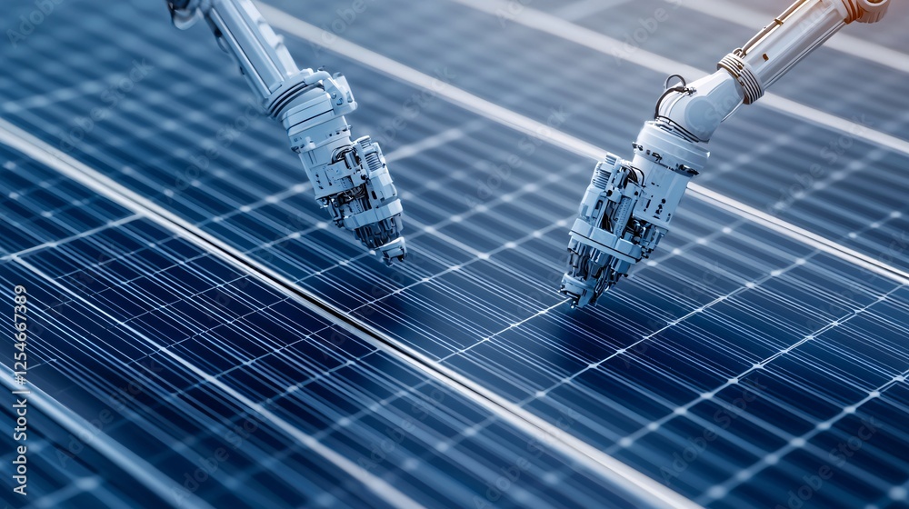 isometric 3D art of an AI-managed solar farm, robotic arms adjusting ...