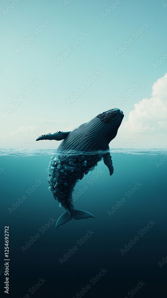 Whale entangled deep ocean plastic debris marine pollution underwater surreal impact crisis ...