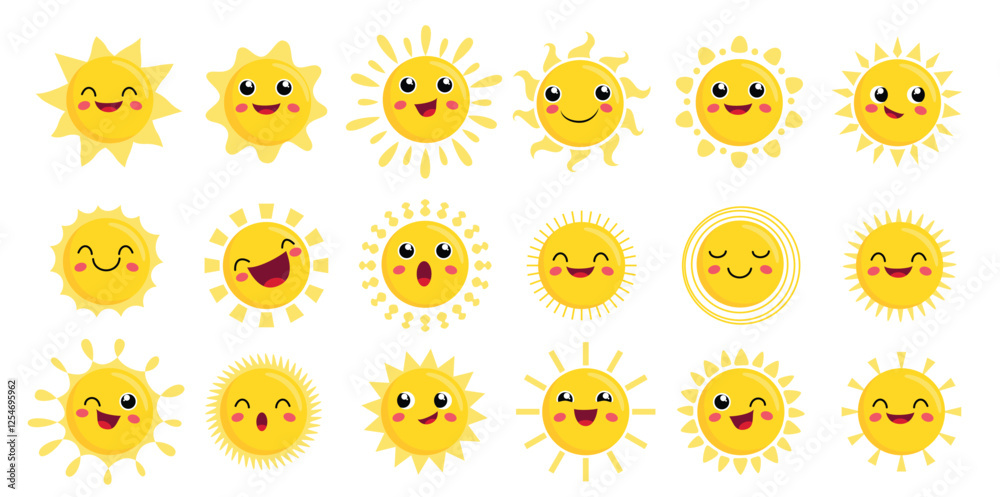 Sun happy face clipart set. Sunshine emoticon characters in cute yellow ...