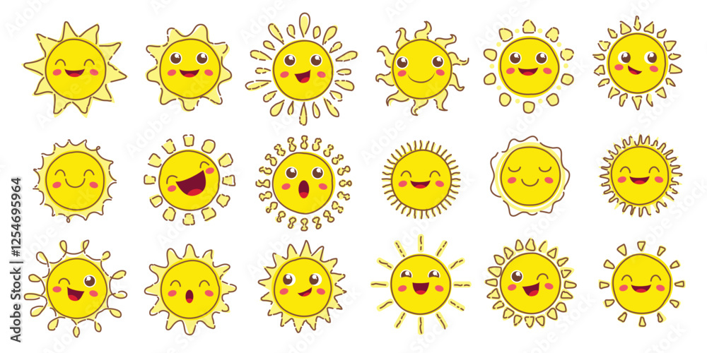 Sun face outline clipart set. Happy emoticon sunshine drawing clip art ...