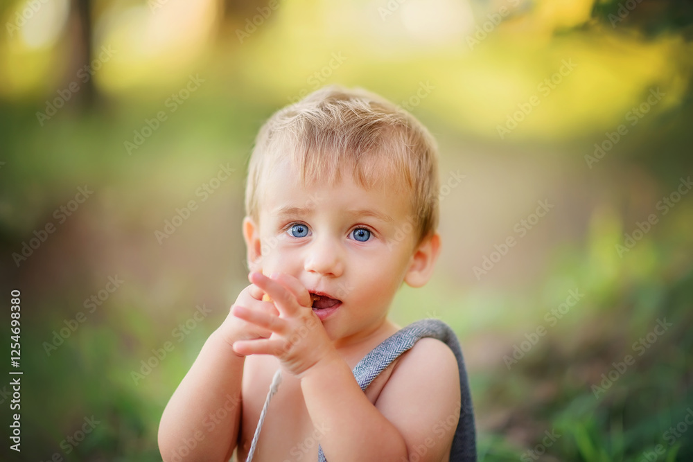 Portrait of a baby. A little boy looks at the camera and eats a plum ...