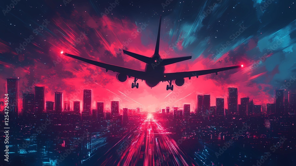 Glowing neon aircraft soaring above a cyber-themed metropolis ...