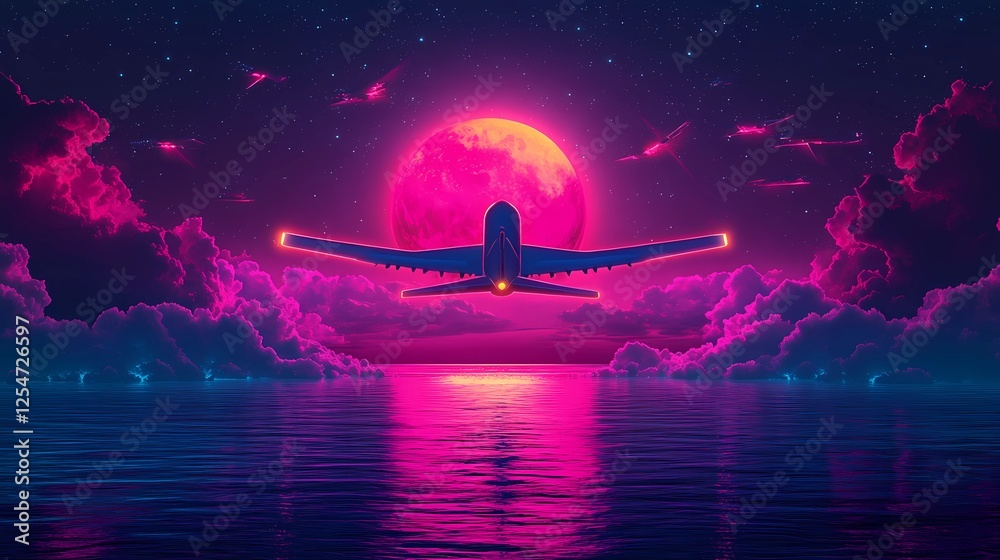 Glowing neon aircraft soaring above a cyber-themed metropolis ...