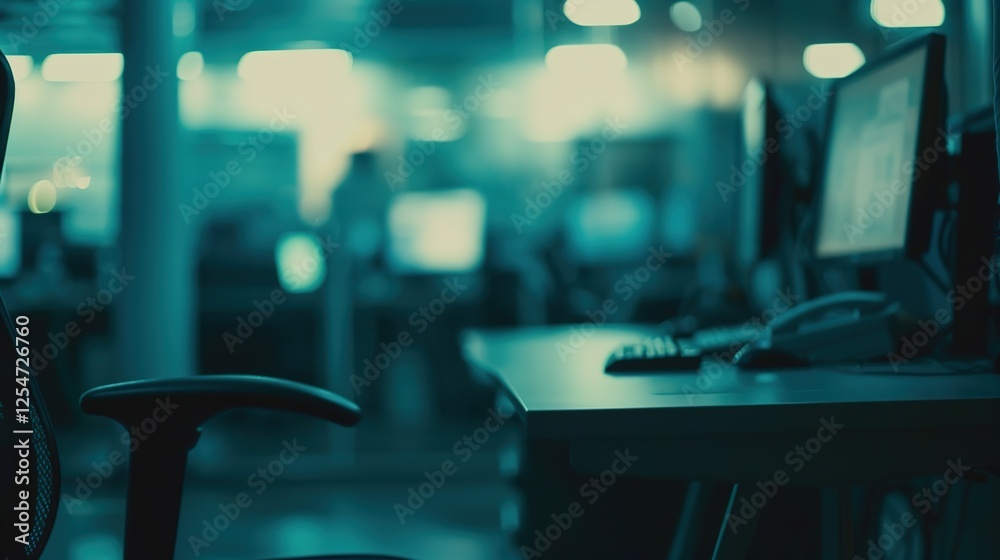 Empty office desk with vacant chairs and monitors, symbolizing layoffs ...
