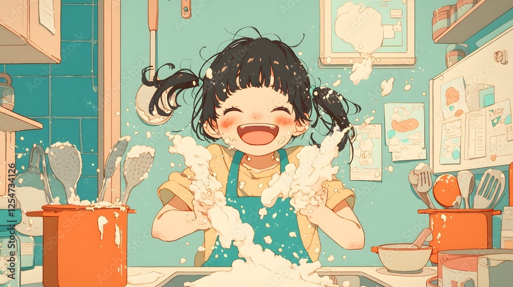 The cute little girl is in the kitchen, her eyes wide open as she ...