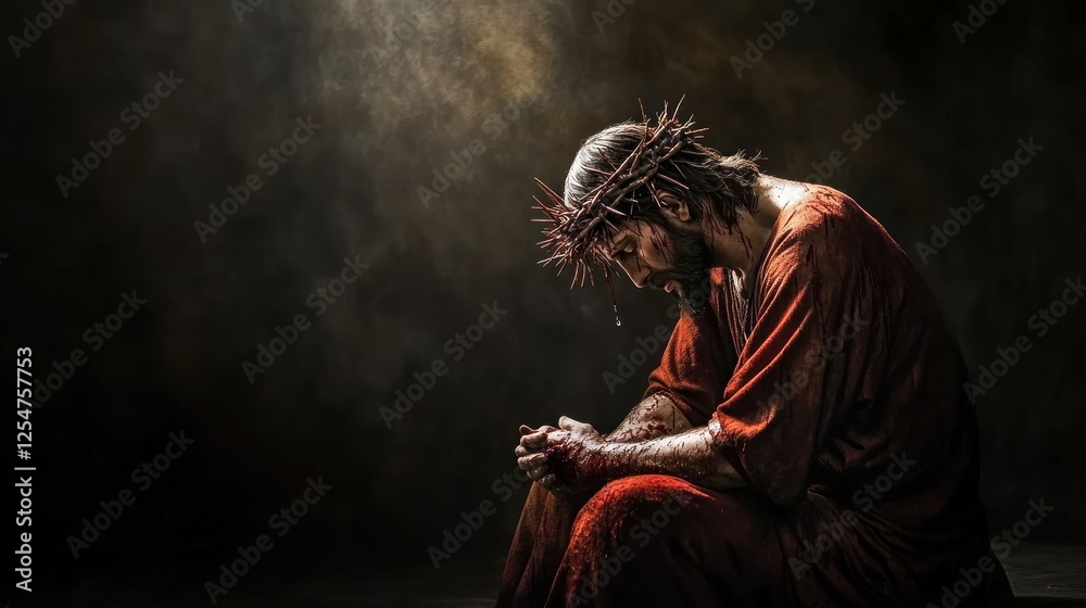 Suffering Savior: Jesus Christ with Crown of Thorns in Profile on Black ...