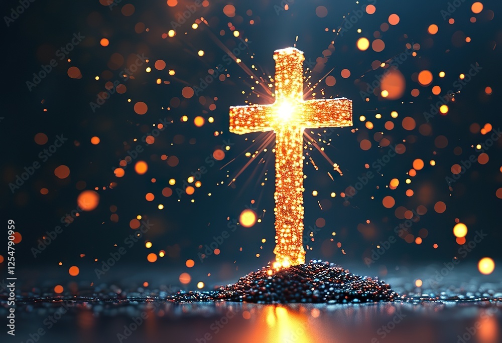 Glowing simple Christian cross on background glitter particles and ...