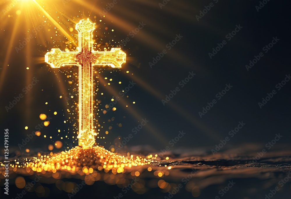 Glowing simple Christian cross on background glitter particles and ...