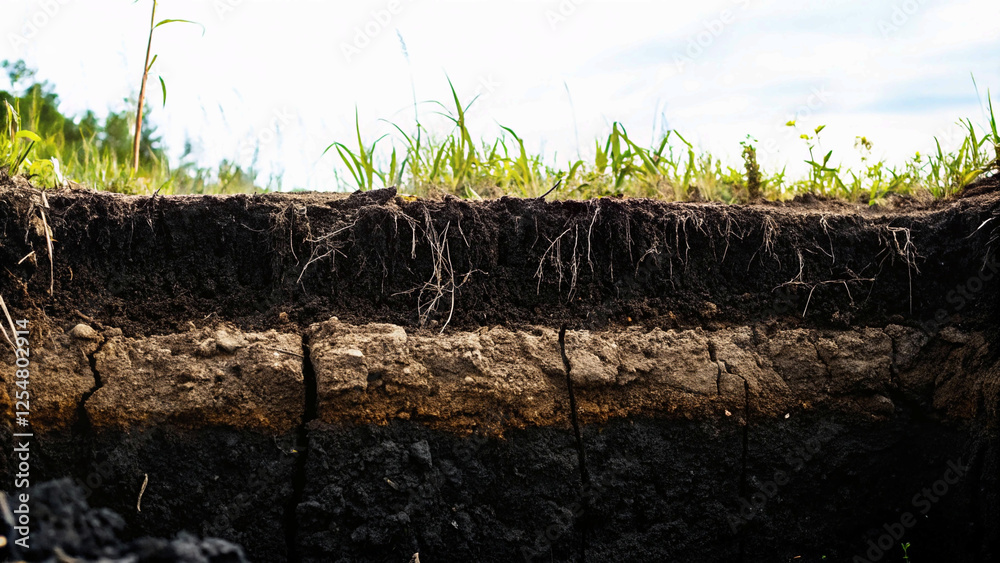 cross-section of soil reveals the intricate network of plant roots ...