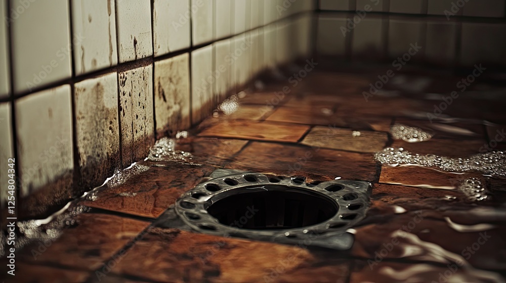Dirty water backing up from a clogged floor drain in a bathroom ...