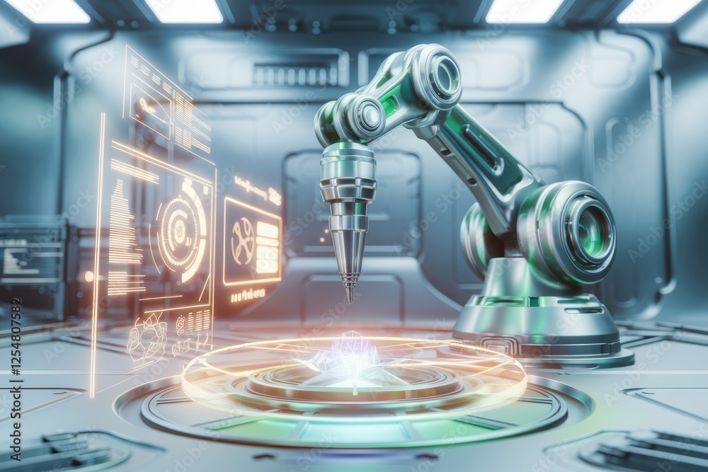 Futuristic robotic arm with advanced digital interface performing precision task in a clean ...