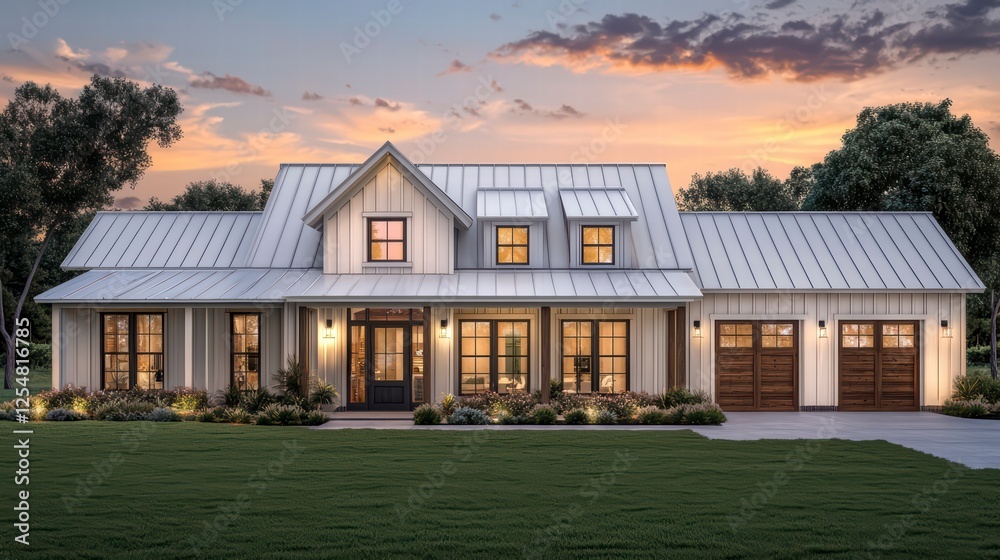 Modern Farmhouse at Dusk: A charming modern farmhouse with a white ...