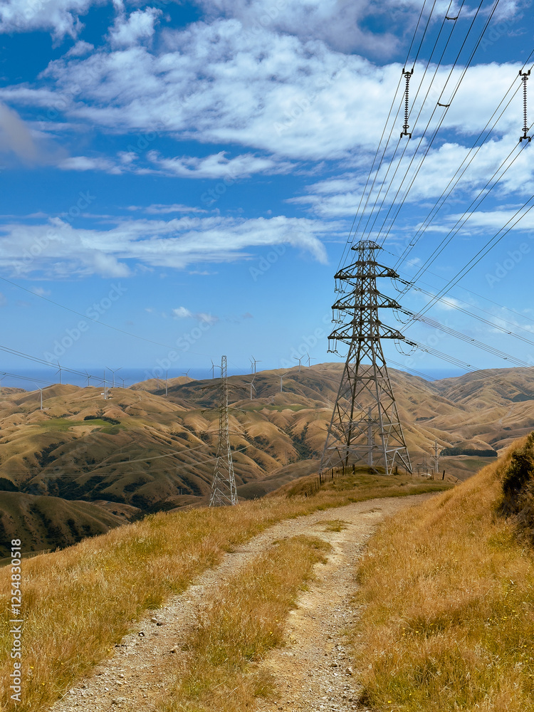 Wellington, New Zealand. Power pylons, wind turbines and hilly farmland ...