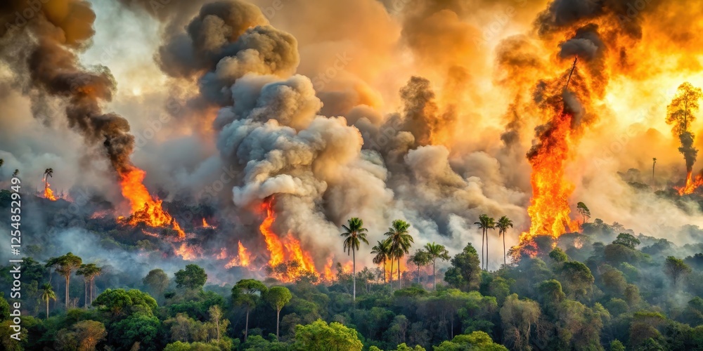 Deforestation in the Amazon rainforest with a massive wildfire burning ...