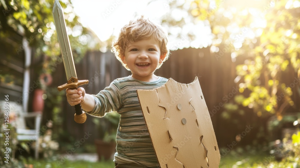 Cheerful young boy in backyard, dressed as a knight with homemade ...