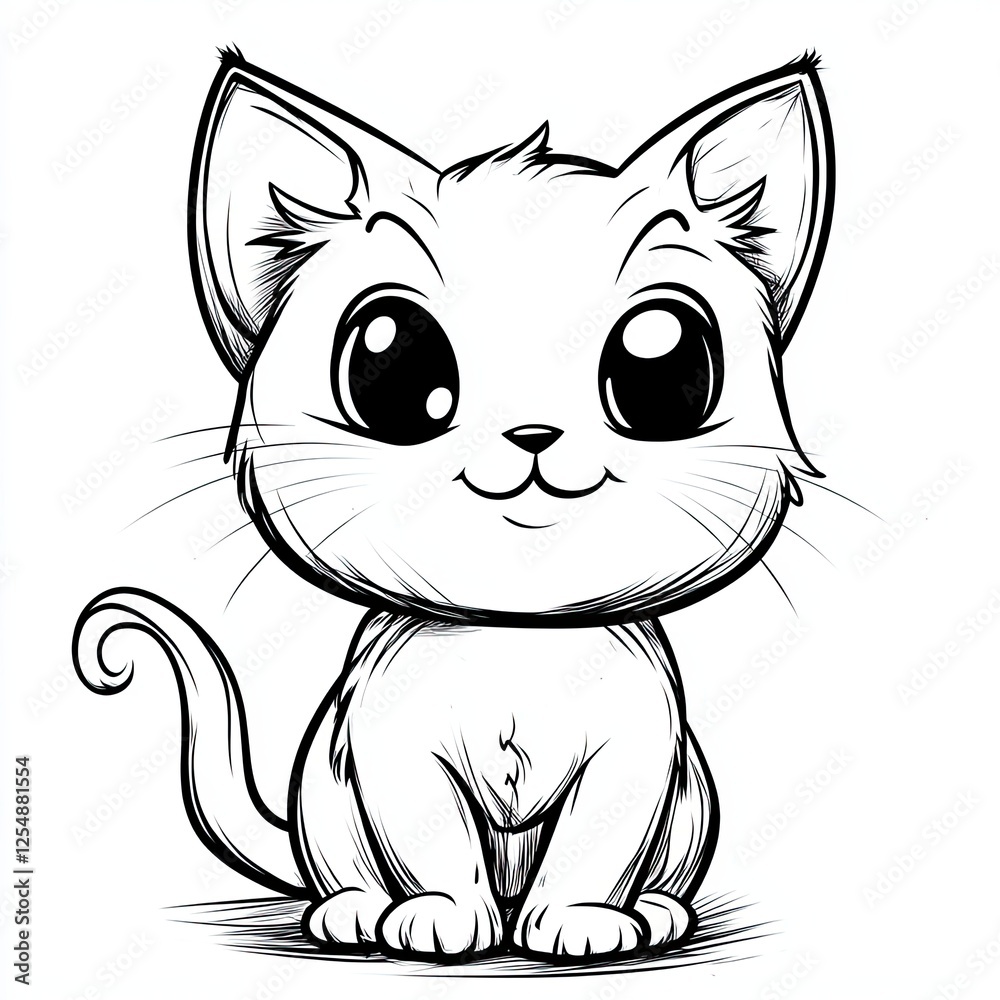 Adorable Chibi Cat Coloring Page Simple Line Art Illustration for Kids ...