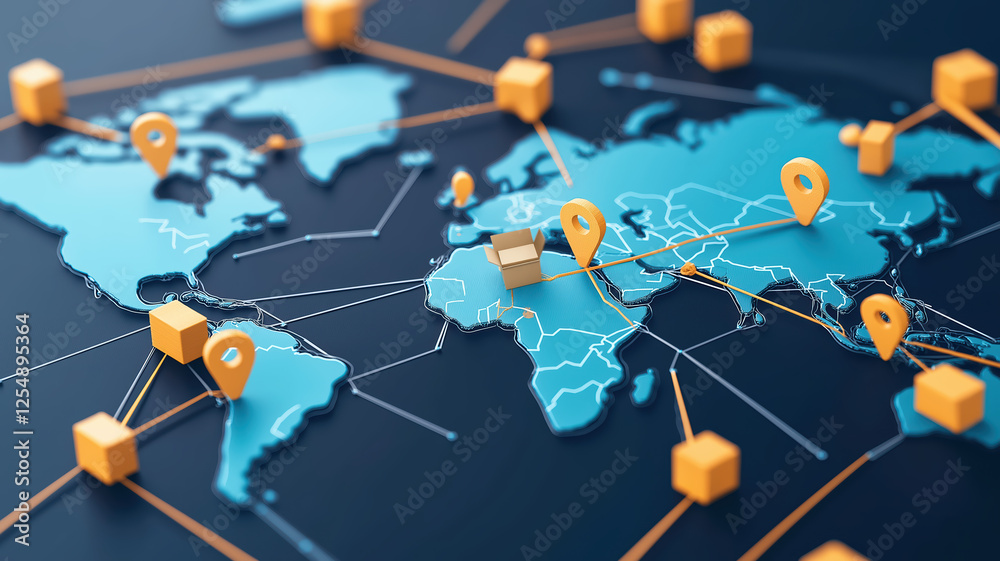 Orange cubes represent packages connected by lines across a stylized ...