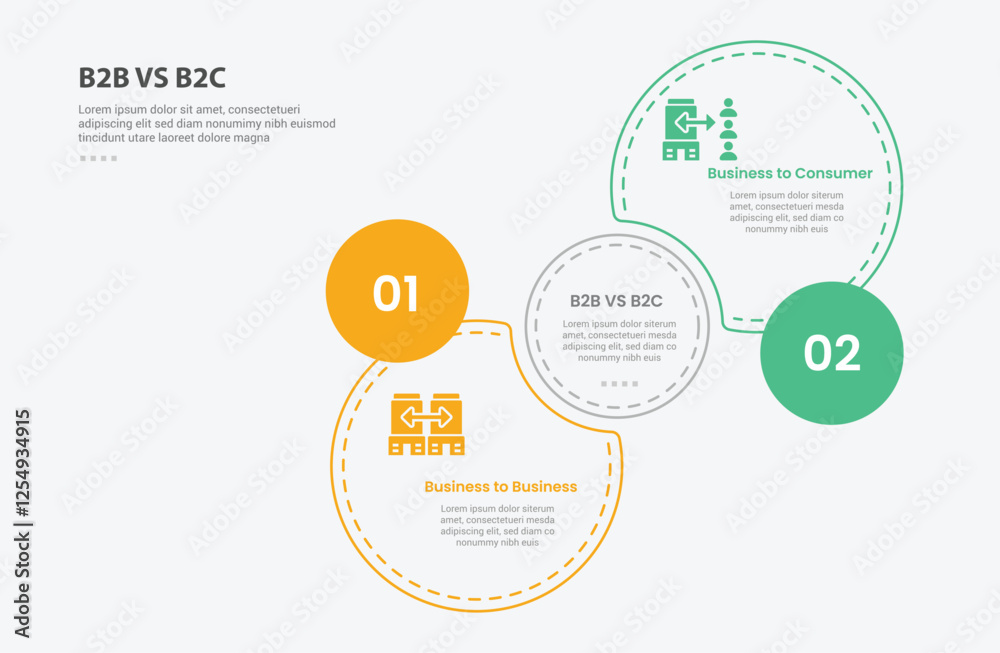 B2B vs B2C infographic outline style with 2 point comparison template with join or venn circle ...