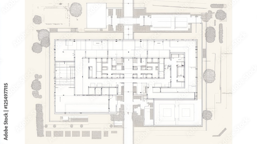 Architectural floor plan of a large building, showing rooms, corridors ...