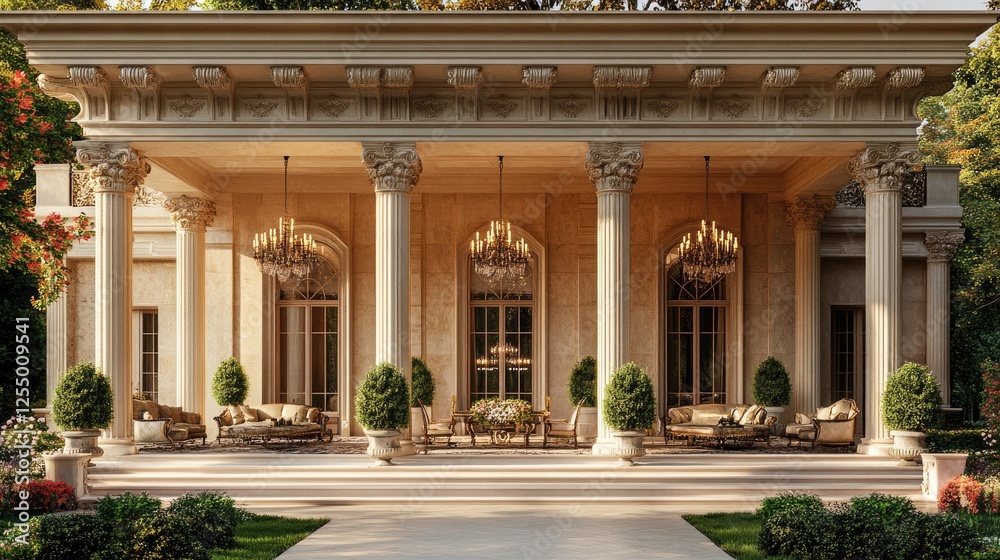 Luxurious terrace illuminating a grand mansion during golden hour Stock ...