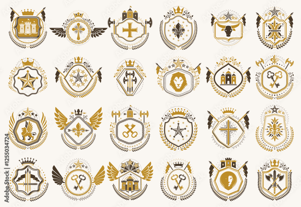 Heraldic Coat of Arms vector big set, vintage antique heraldic badges ...