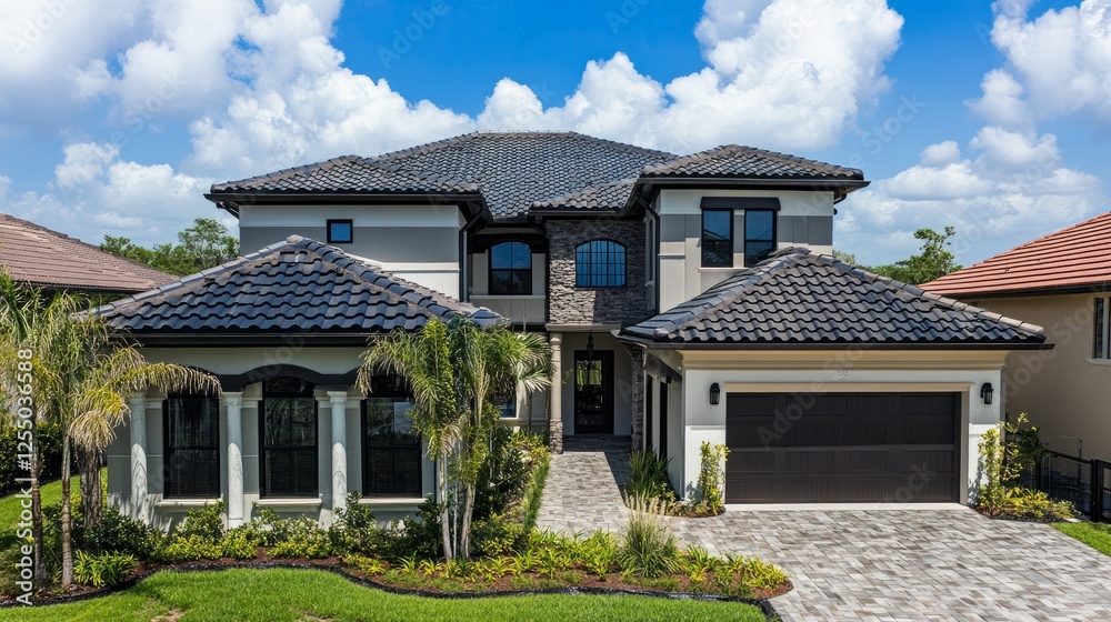 An up-close look at a home's roof with modular tile panels and steel ...