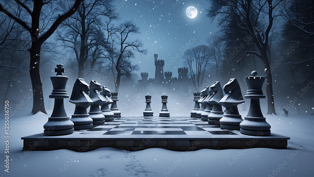 Giant Stone Chess Pieces in a Snowy Forest at Night, Illuminated by ...