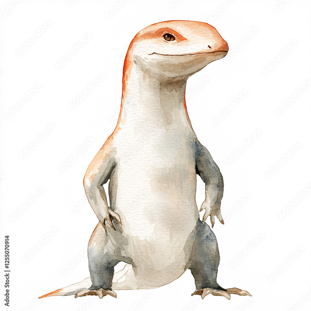 Watercolor illustration of a curious lizard standing upright, with its ...