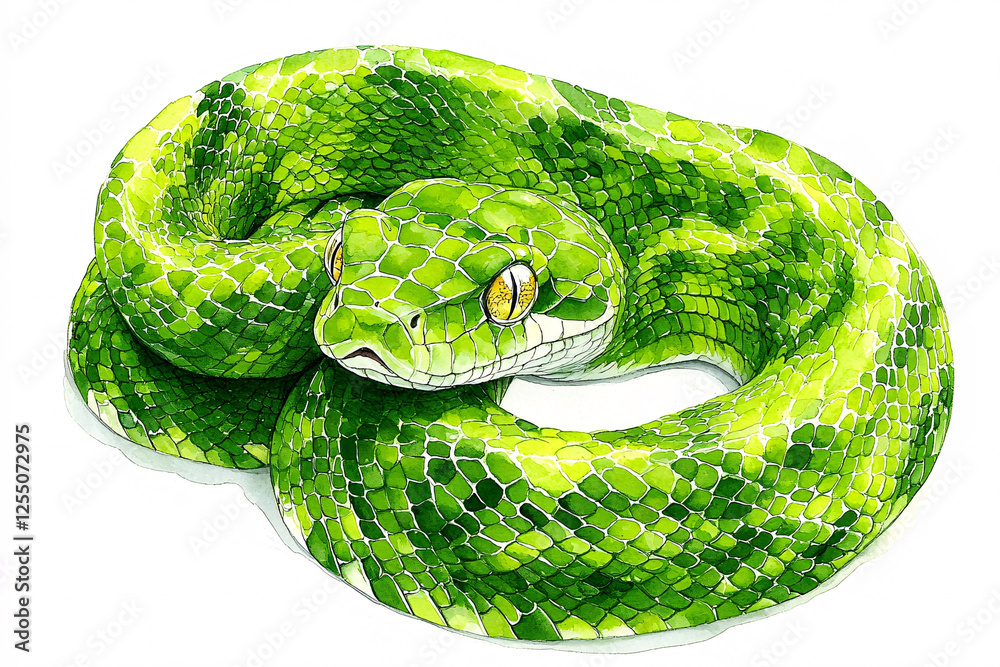 Coiled green viper with yellow eyes, an intricate drawing against a ...