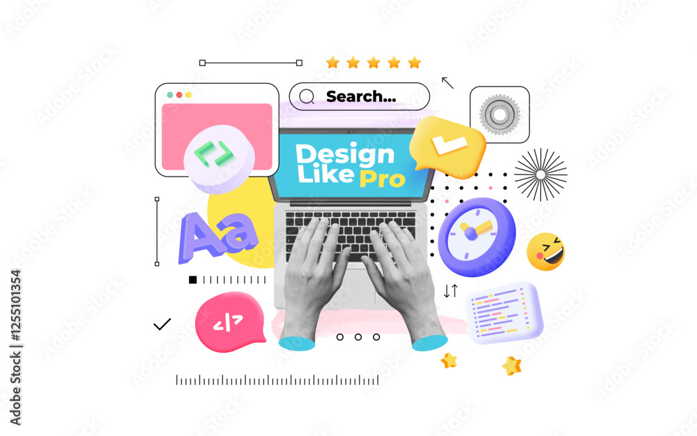 Trendy Halftone Collage Laptop with Search bar and Hands. Modern ...