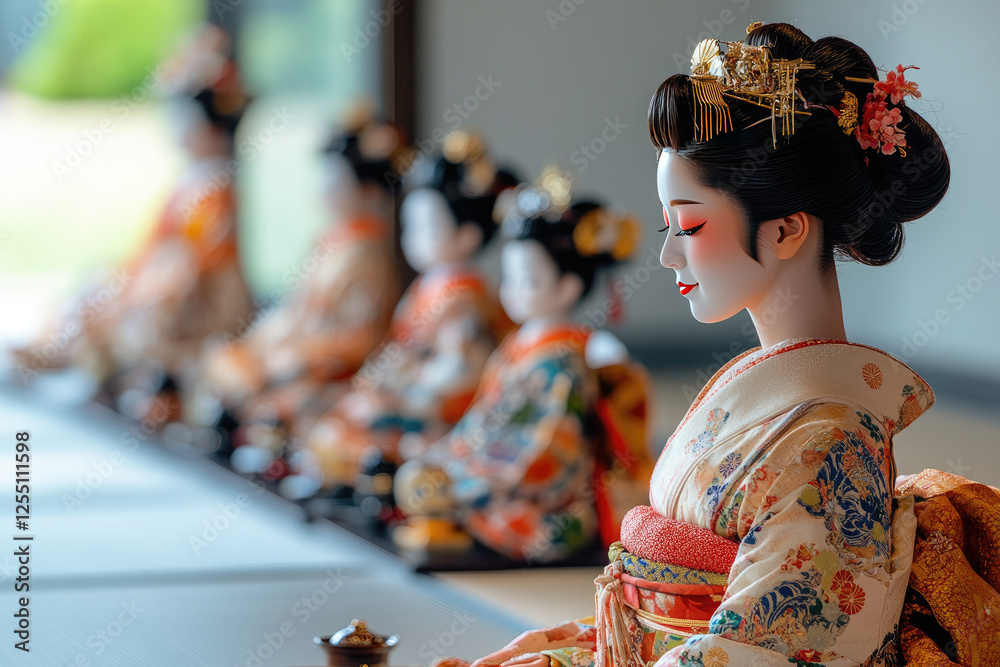 Hinamatsuri display with tiered hina dolls and cherry blossom ...
