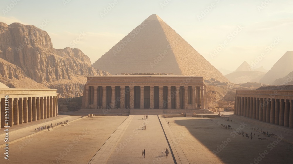 Ancient Egyptian temple, pyramid backdrop, desert landscape, tourists ...