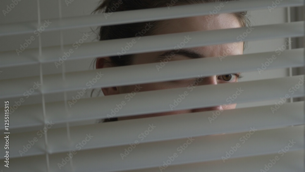 Mysterious womans eye peeking through window blinds evoking curiosity ...