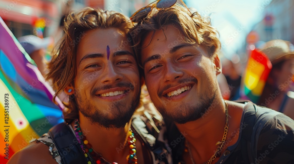 Pride Month . A close-up shot of two LGBTQIA men friends with rainbow ...