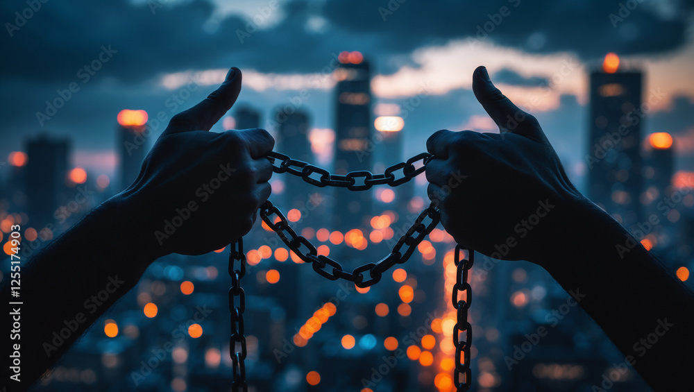 Silhouetted hands raising broken chains against a blurred night ...