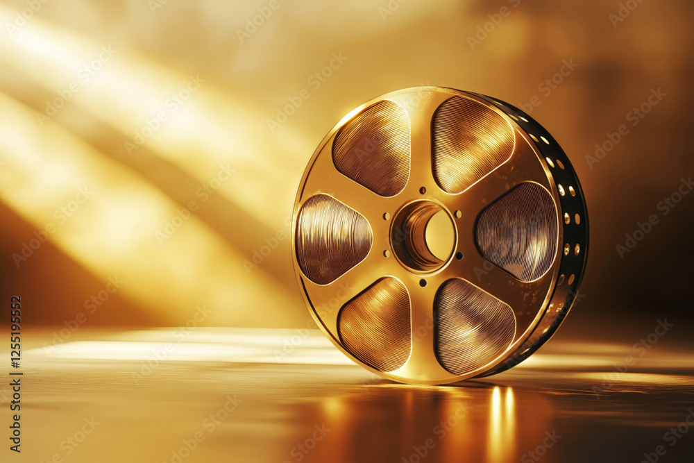 Golden film reel reflecting light in artistic display, showcasing ...