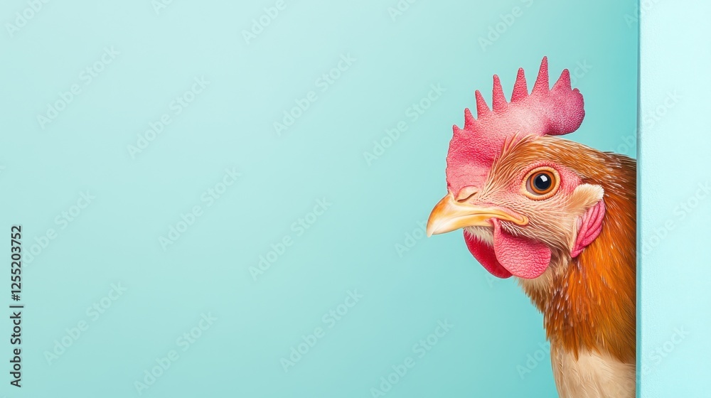 Curious chicken peeking around a corner against pastel blue backdrop ...
