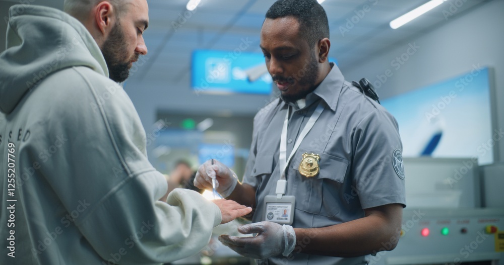 Airport Terminal: African American Security Officer Conducts TSA Hand ...