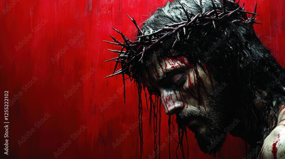 jesus christ with crown of thorns on his head grunge style red ...